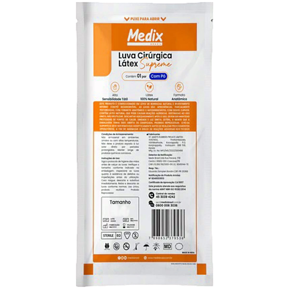 Luva Cirúrgica Supreme Medix 6.5 - Estéril - Látex com Pó - Par - Extrafarma