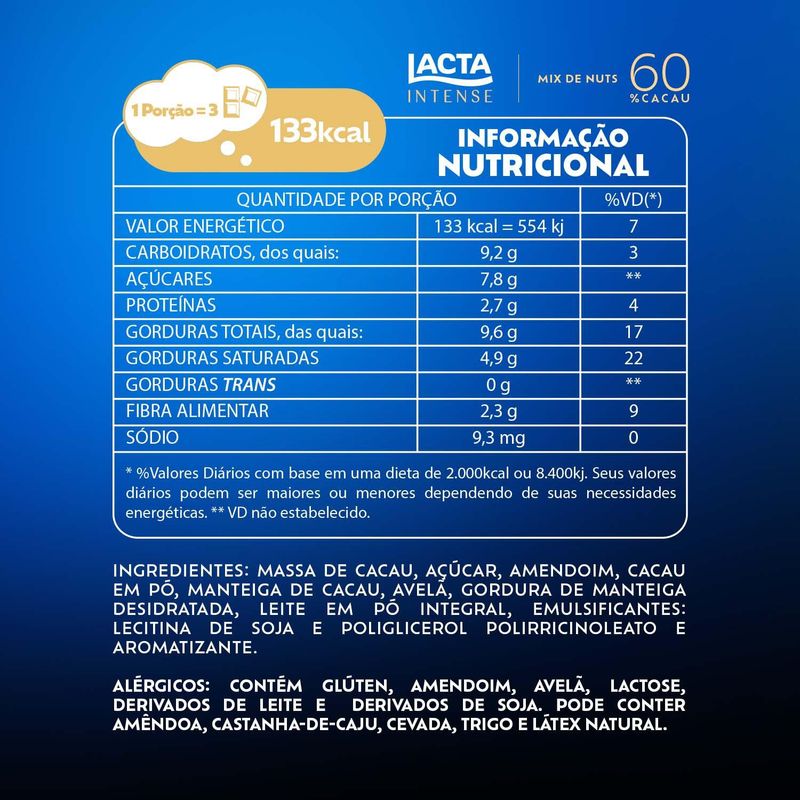 Chocolate Lacta Intense 60% Cacau Mix De Nuts 85g - Extrafarma Chocolate Lacta Intense 60% Cacau Mix De Nuts 85g - Extrafarma