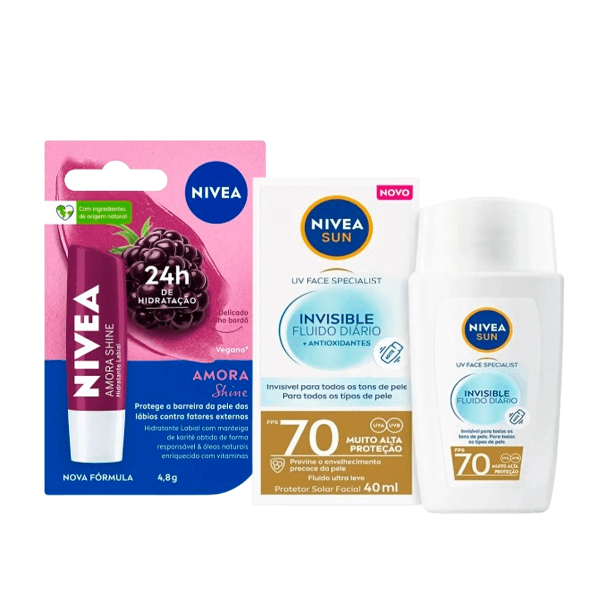 Kit Nivea Hidratante Labial Amora + Protetor Solar Invisible Fps70 ...